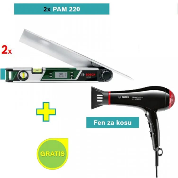Digitalni merač uglova Bosch PAM 220 2 kom+ poklon Bosch fen za kosu ...